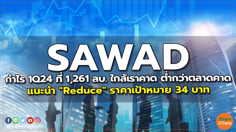 SAWAD กำไร 1Q24 ที่ 1,261 ลบ. ใกล้เราคาด ต่ำกว่าตลาดคาด แนะนำ "Reduce" ราคาเป้าหมาย 34 บาท ...